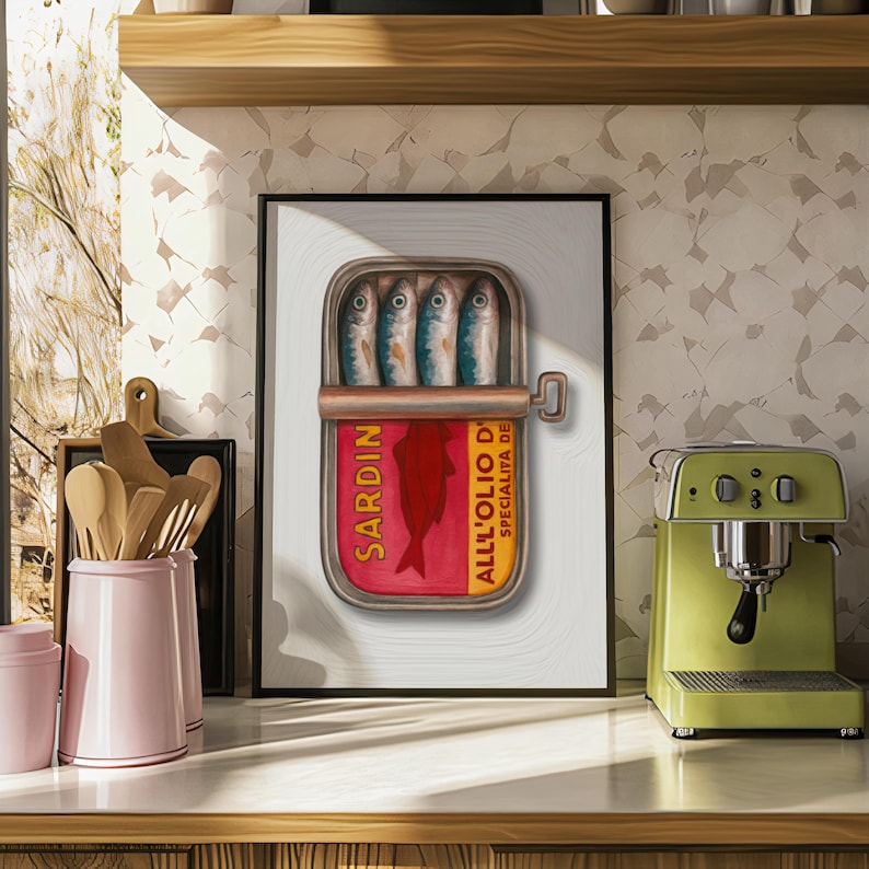 Retro Sardine Can Art Print Vintage Italian Food Poster Bold Red Yellow ...