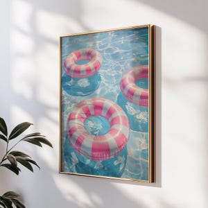 Summer Pool Art Print, Pink Float Wall Art, Coastal Home Decor, Vibrant ...