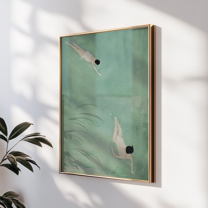 Minimalist Swimmers Print – Retro Green Pool Wall Art, Japandi Summer ...