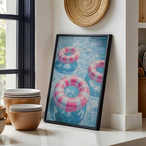 Summer Pool Art Print, Pink Float Wall Art, Coastal Home Decor, Vibrant ...