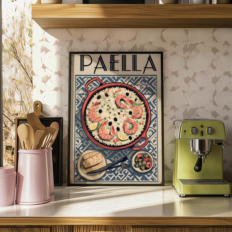 Paella Kitchen Poster, Spanish Food Wall Art, Mediterranean Tapas Print ...