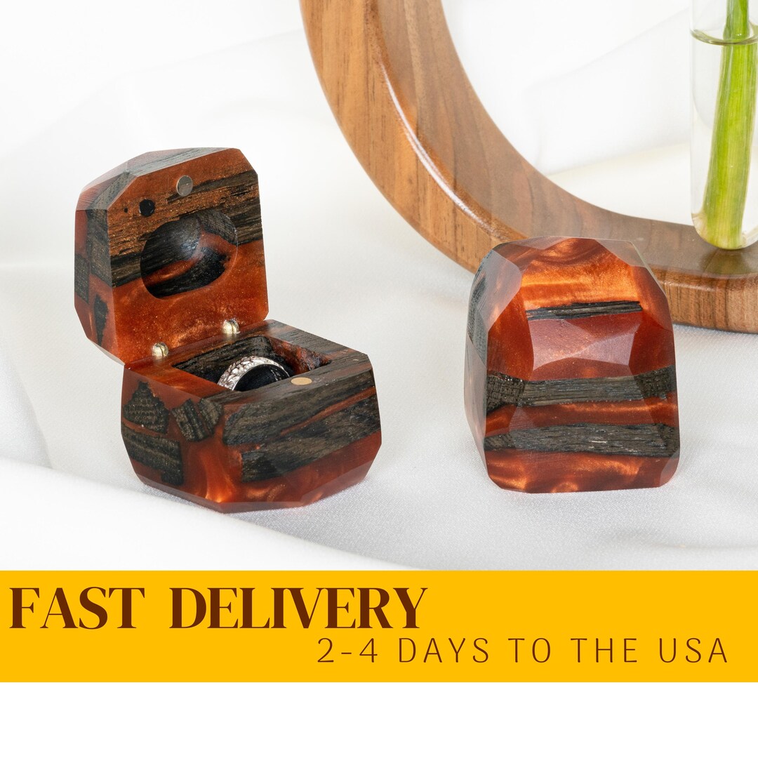 METEORITE – Amber Resin & Wood Ring Box for Proposal. Unique Engagement ...