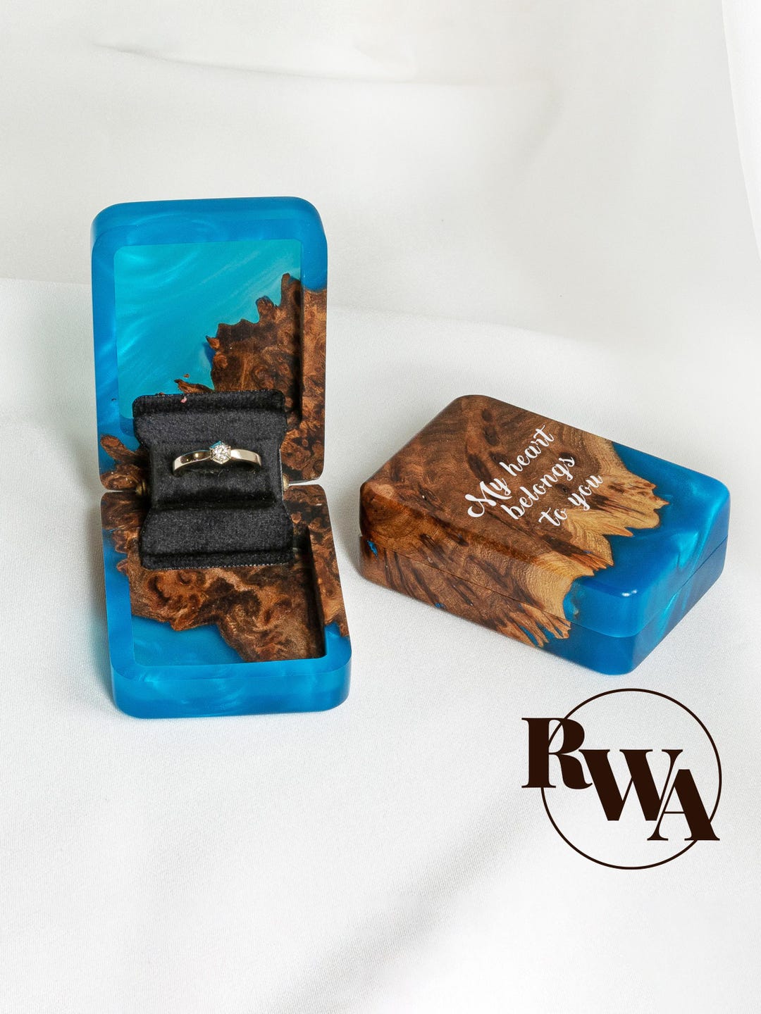FLIP – Luxury Blue Engagement Ring Box From Epoxy & Wood. Slim Proposal ...