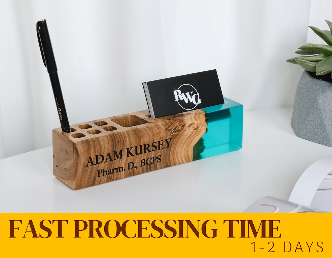 Desk Name Plate With Card and Pen Holder. Ocean Epoxy and Wood - Etsy