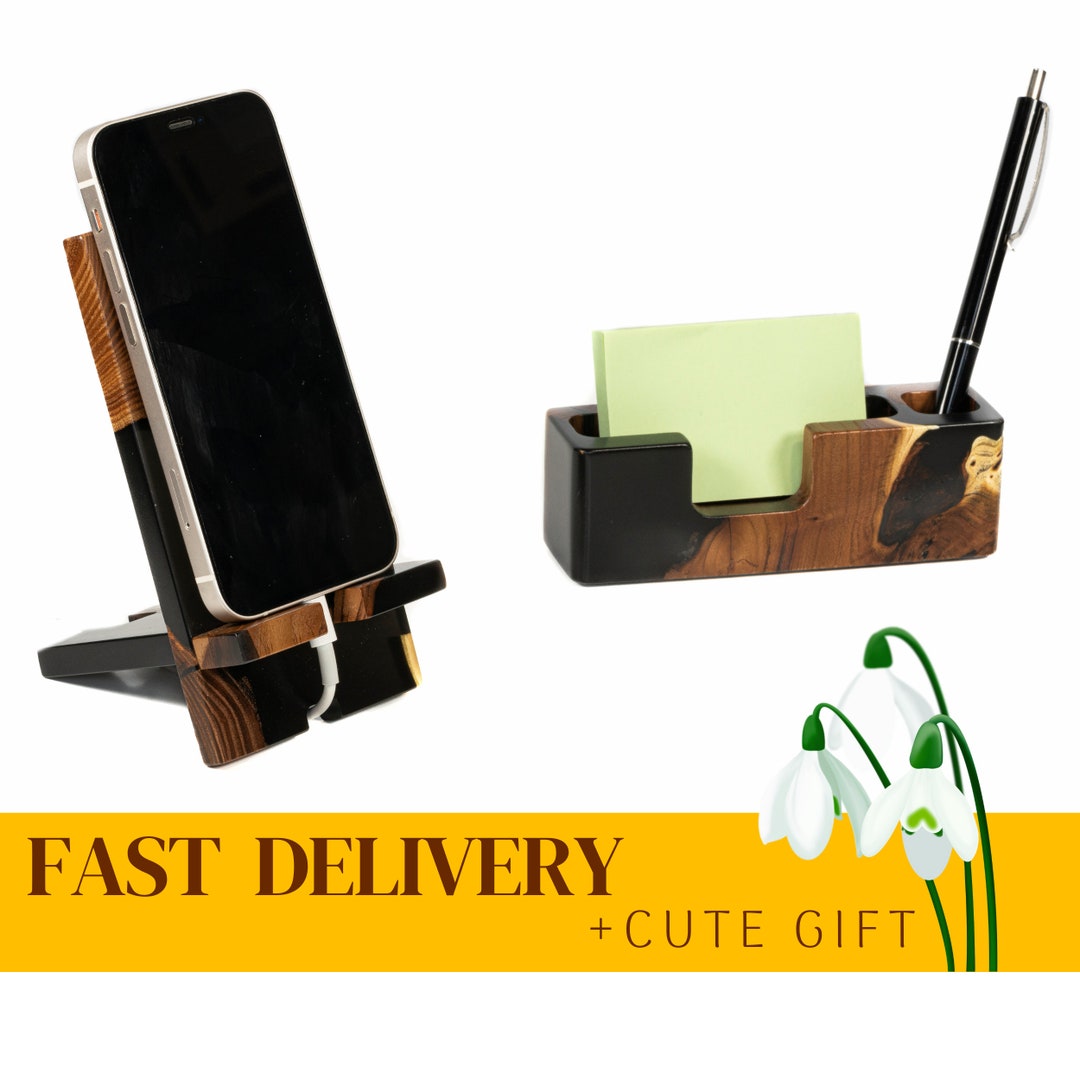 SMART Resin & Wood Desk Organizer Set, Phone Stand, Pen and Note Holder ...