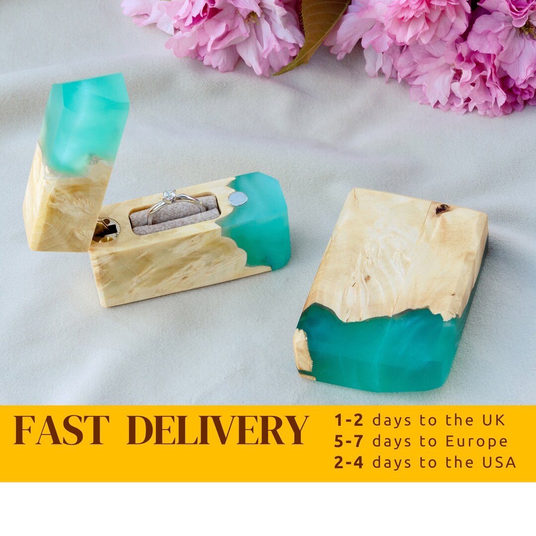 FLASH Ocean Blue Resin Epoxy & Wood Engagement Ring Box. Wedding Ring ...