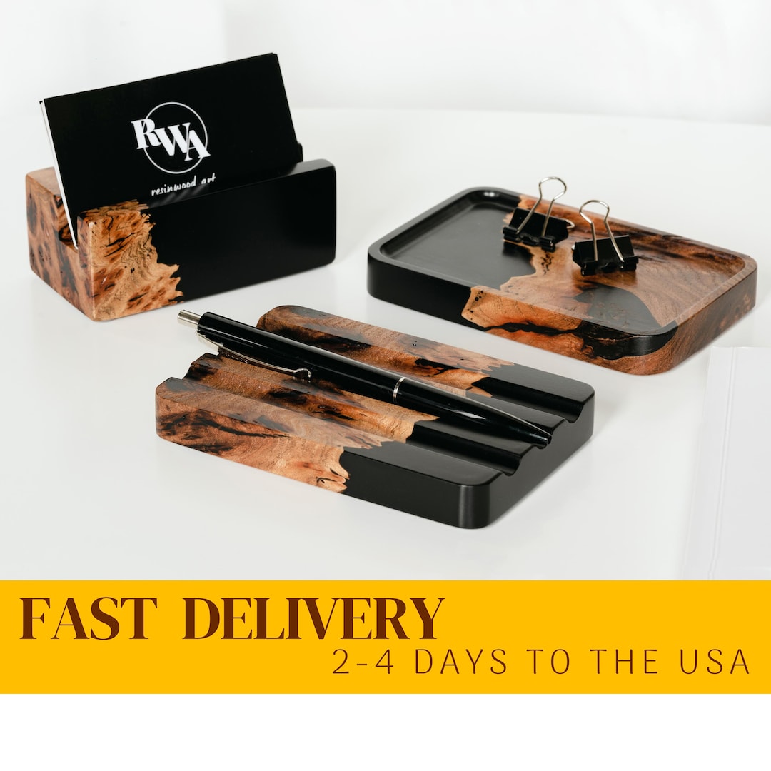 ELEMENT – office Desk Accessories for Men. Resin & Wood Desk Organizer ...