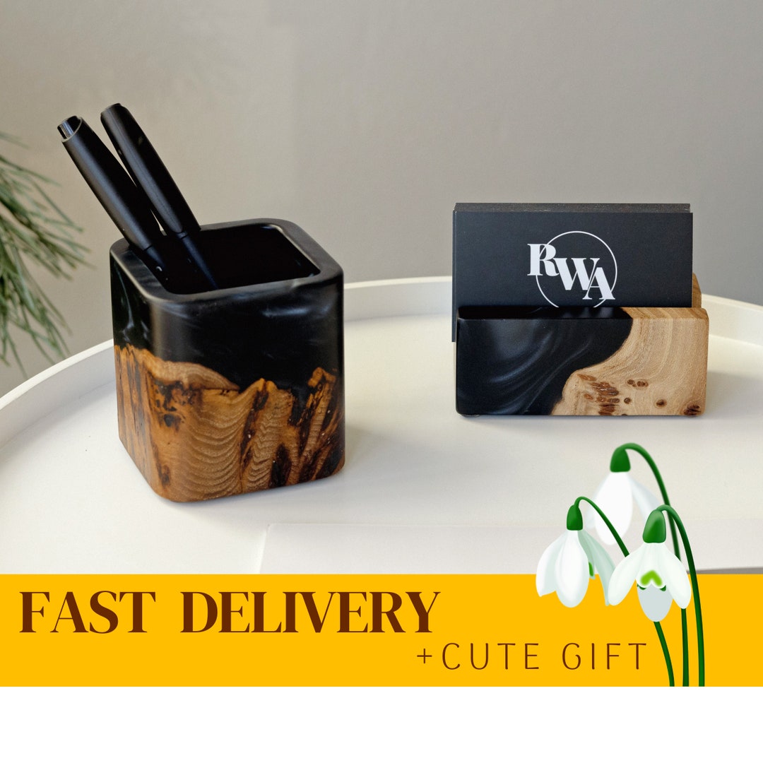 Wooden Desk Accessories for Office. Resin and Wood Pen Holder ...