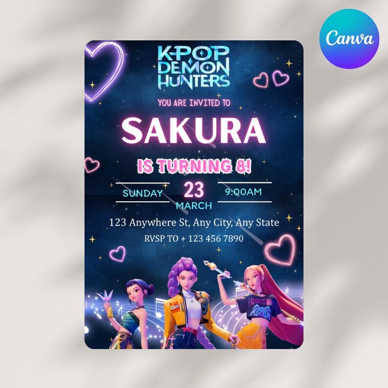 Kpop Demon Hunters Anime Theme Invitation, Editable Canva Card, Kids ...