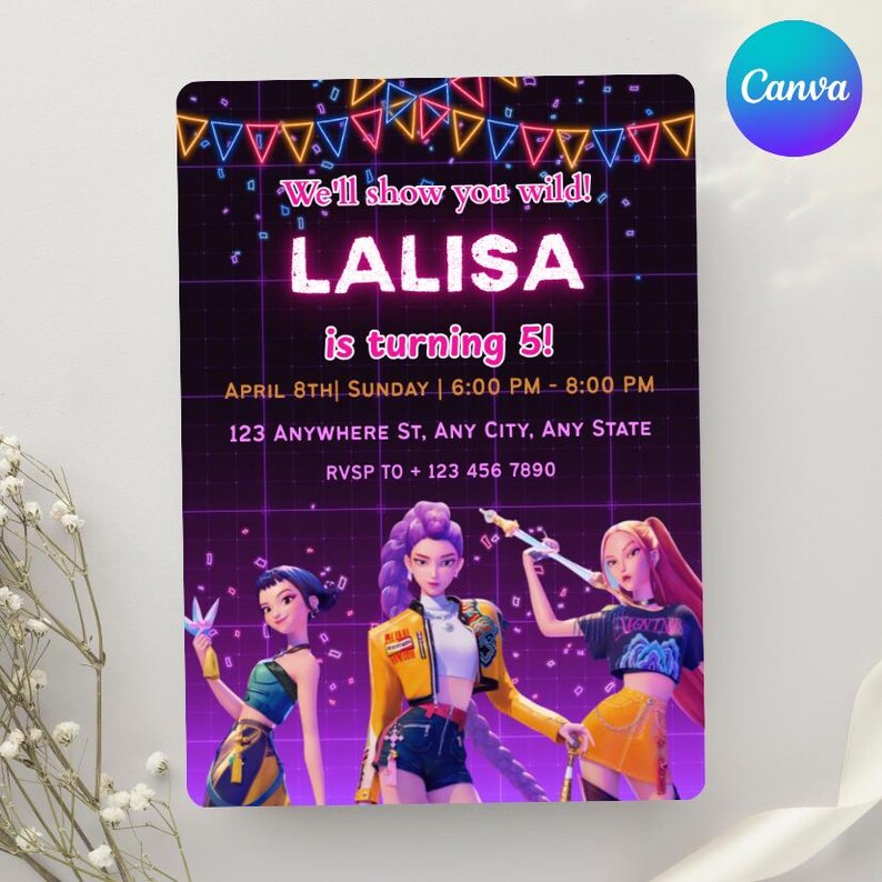 Kpop Demon Hunters Editable Invite, Canva Birthday Card Template, Anime ...