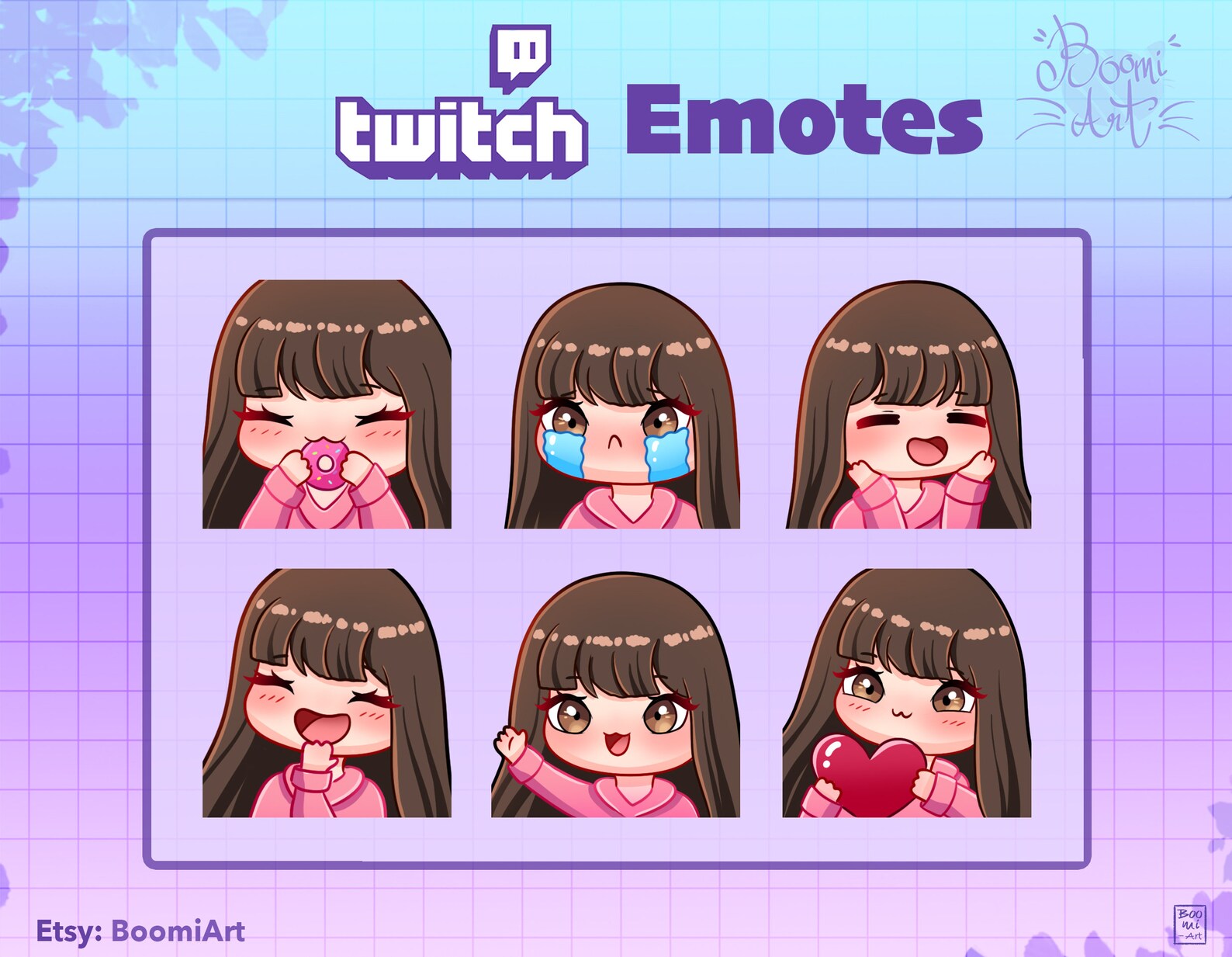 GIRL Cute Emotes Twitch Pack 6 Brown Hair Emotes Twitch Graphics ...