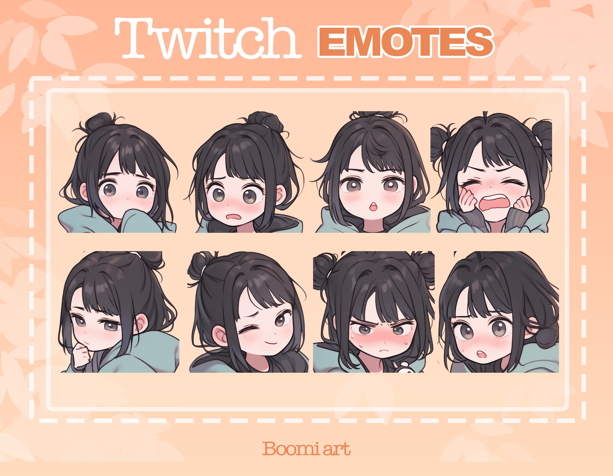 Hoodie Girl Cute Emotes Twitch | Pack 8 | Black Hair Girl Emotes ...