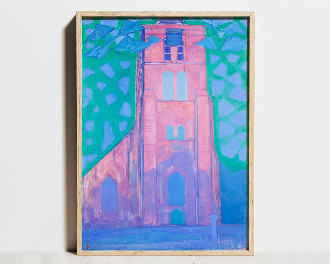 Mondrian Print, Church Tower at Domburg Poster, Abstract Pink and Blue ...
