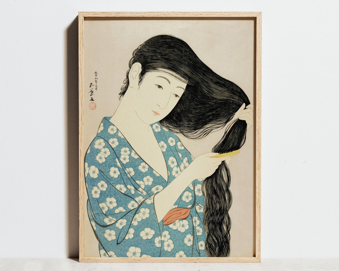 Japanese Art Print, Kamisuki(combing the Hair) by Hashiguchi Goyo, Japan Woman in Blue ...