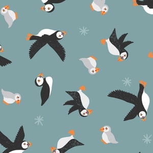 Lewis and Irene, 'puffin Bay' Puffins on Blue, 100% Quilting Cotton ...
