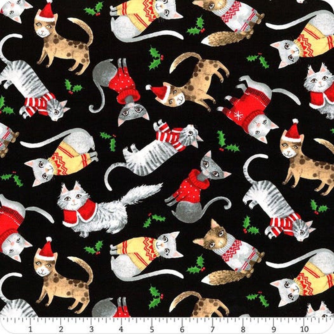 Purr-fect Holiday, Christmas Cats in Sweaters, 100% Quilting Cotton ...