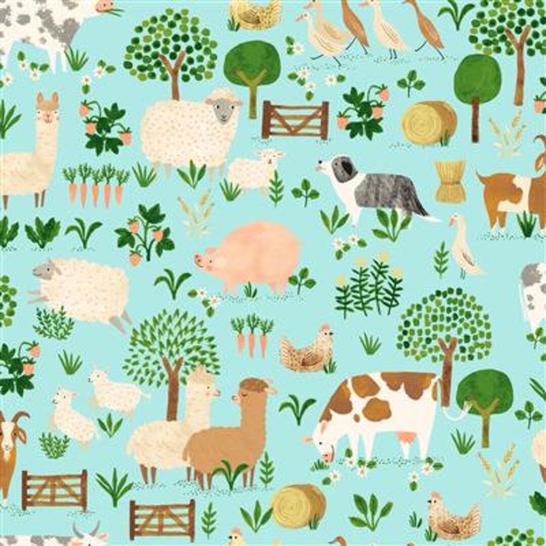 Farm Toile, Clothworks, Fabric, Animals, Pig, Cows, Sheep Dog, Sheep ...