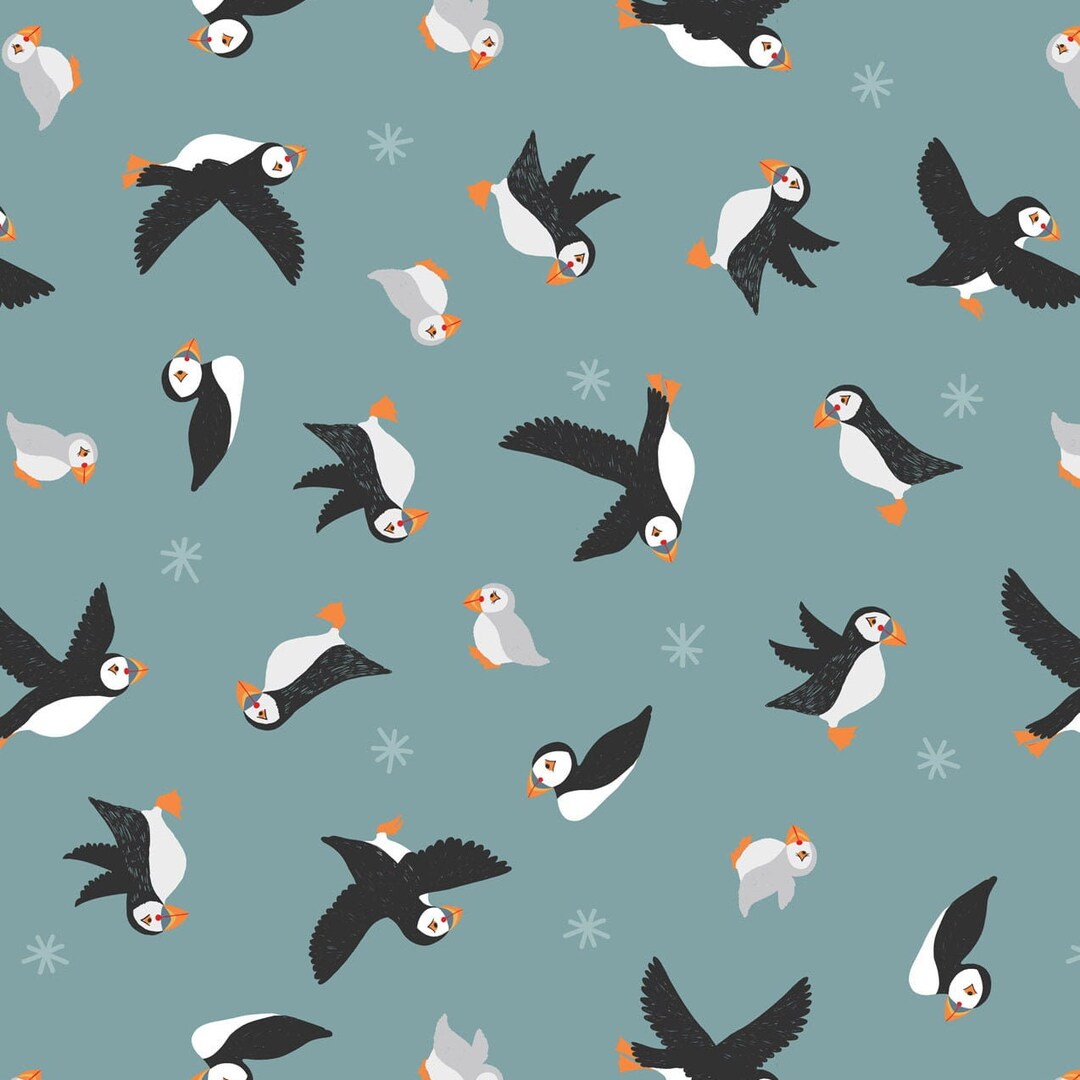 Lewis and Irene, 'puffin Bay' Puffins on Blue, 100% Quilting Cotton ...
