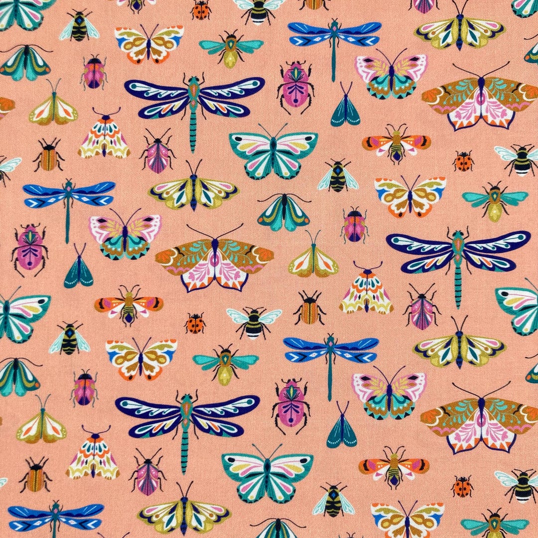 Flutter, Bugs and Butterflies on Peach, Quilting, Patchwork, 100% ...