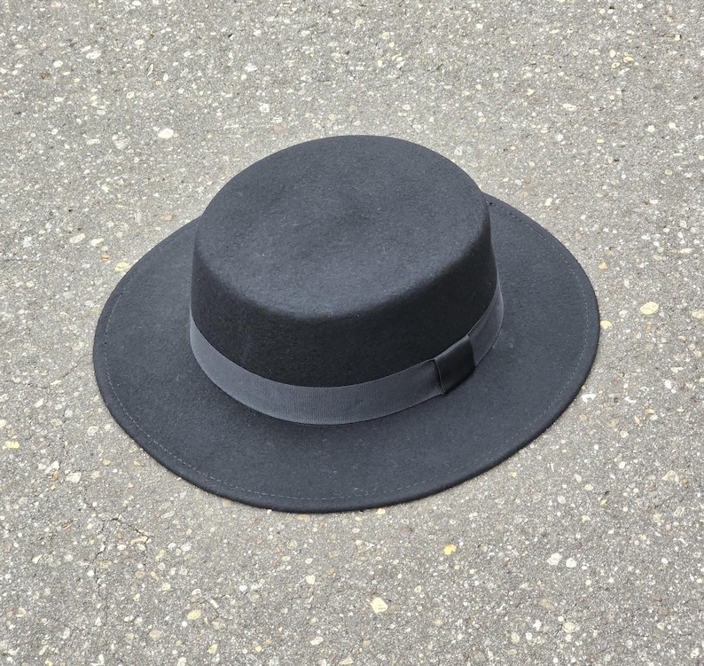 Black Wool Felt Boater Hat: Wide Brim, Custom Branding Option - Etsy