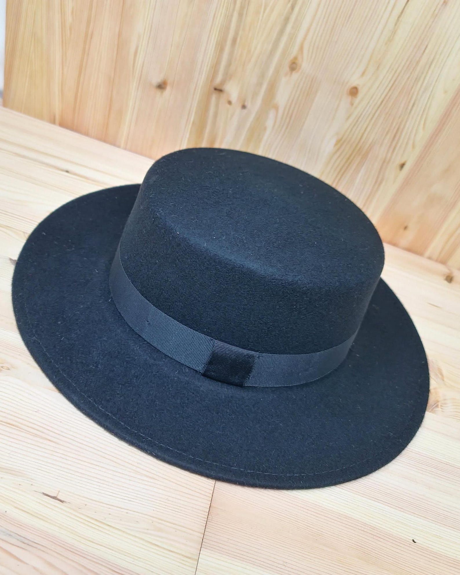 Black Wool Felt Boater Hat: Wide Brim, Custom Branding Option - Etsy
