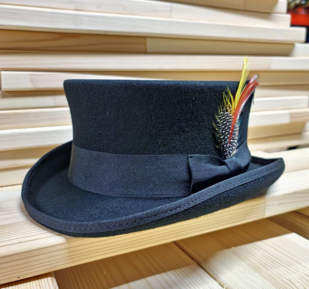 Handcrafted Wool Felt Top Hat: Low Crown, Feather Accent - Etsy