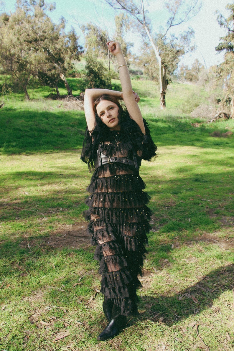 Black Ruffle Gown Gold Star Tiered Dress Gothic Dress, Whimsical Dress ...