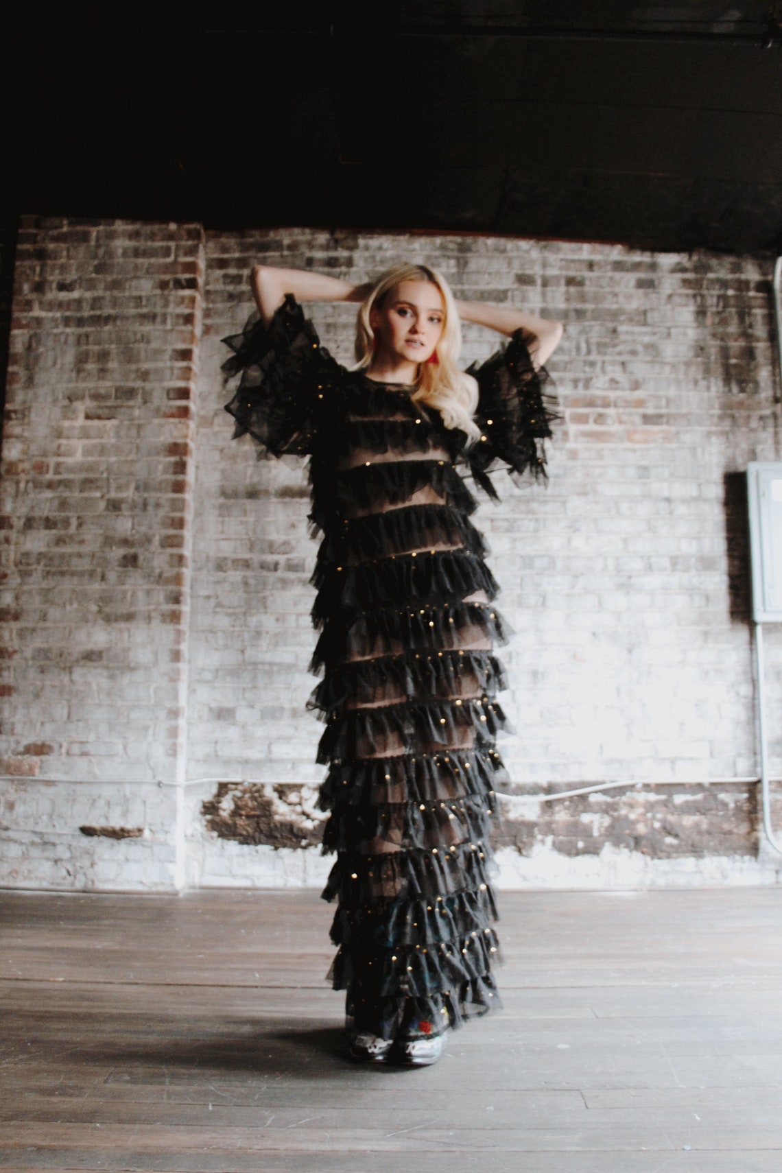 Black Ruffle Gown Gold Star Tiered Dress Gothic Dress - Etsy