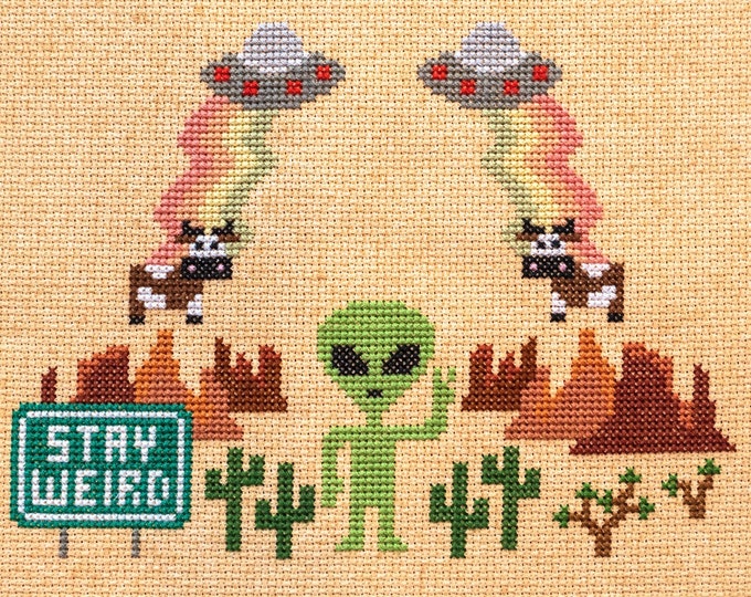 Alien Cross Stitch PDF Pattern Stay Weird Green Martian Spaceship UFO ...