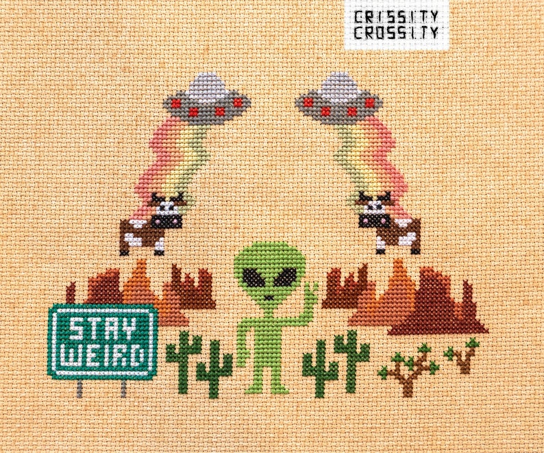 Alien Cross Stitch PDF Pattern Stay Weird Green Martian Spaceship UFO ...