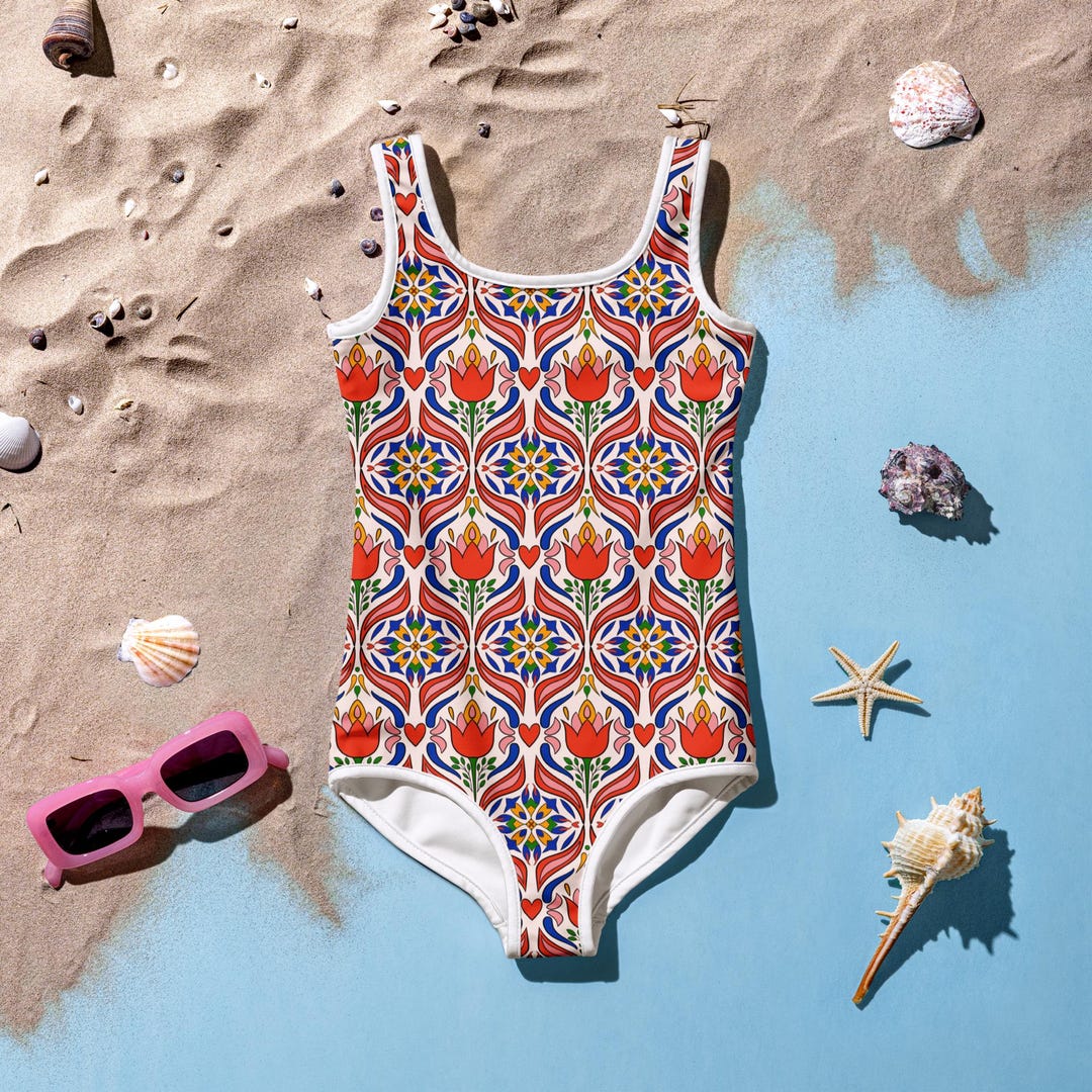 Kids' Tiles Print Swimsuit Stylish and Adorable Beachwear Geometrical ...