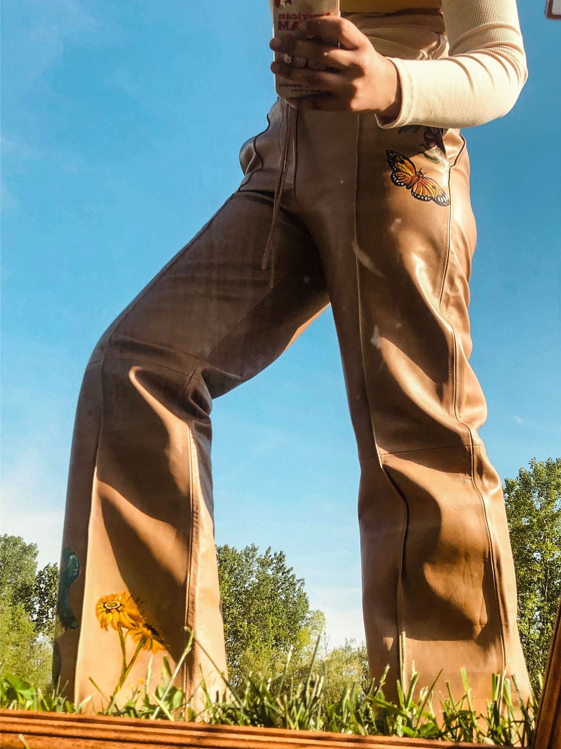 Hand Painted Genuine Leather Pants, Y2k Aesthetic, High Waist Pants - Etsy
