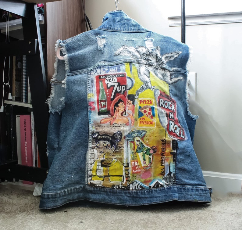 Hand Painted Vest , Graffiti Style, Distressed Denim Vest, Art to Wear ...