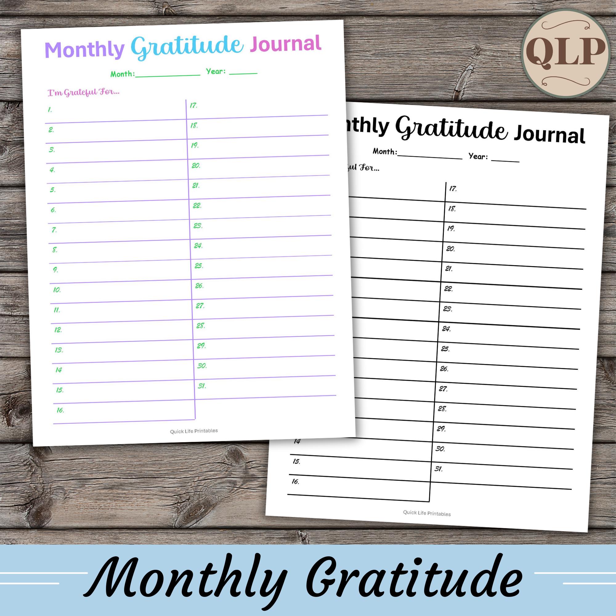 Monthly Gratitude Journal Printable Template, Simple Daily Thankfulness ...
