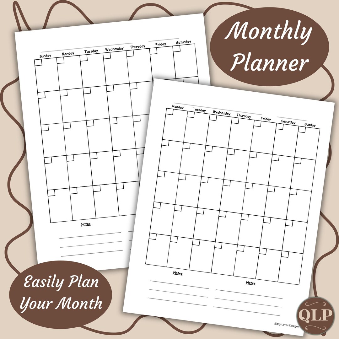 Undated Monthly Planner Monday Start Planner Sunday Start Planner ...