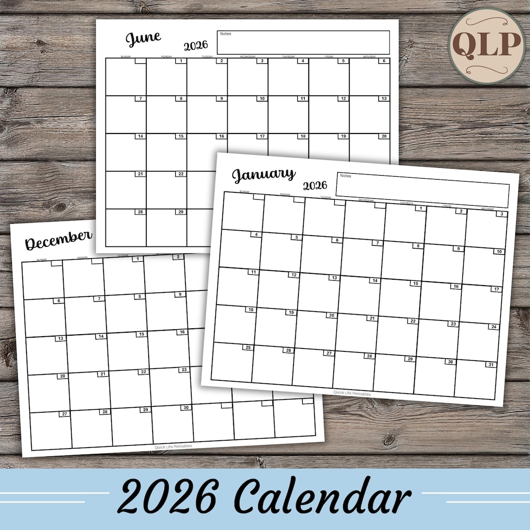 2026 Monthly Calendar Printable, Simple Calendar Printable, Binder ...
