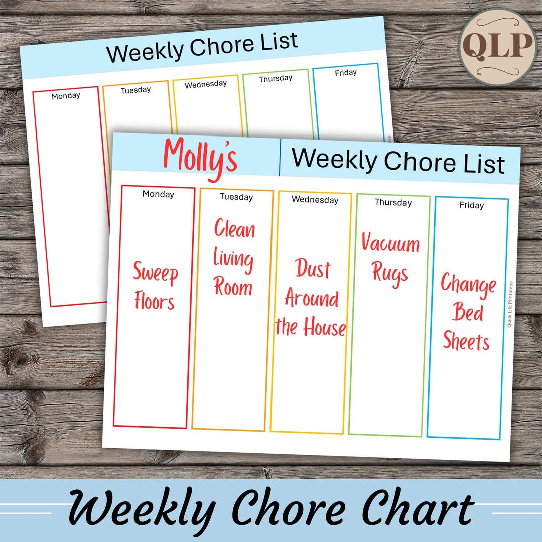5 Day Weekly Chore Chart, Printable Responsibility Chart for Kids (PDF ...