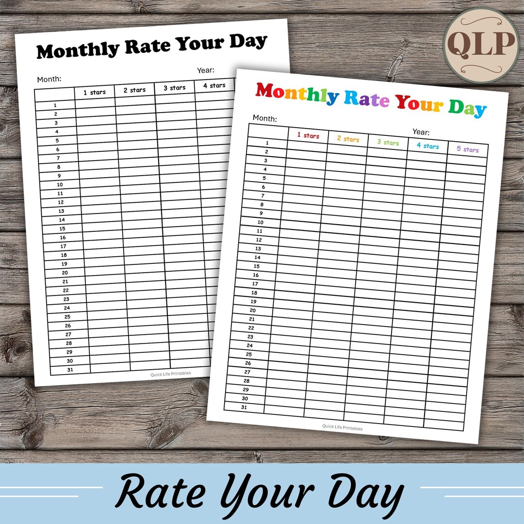 Monthly Star Rate Your Day Tracker: Wellness Journal Printable (PDF ...