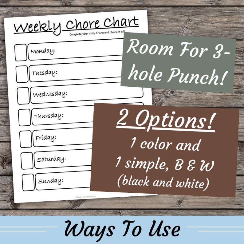 Kids Weekly Chore Chart Printable, Simple Chore Chart for Kids, Kids ...