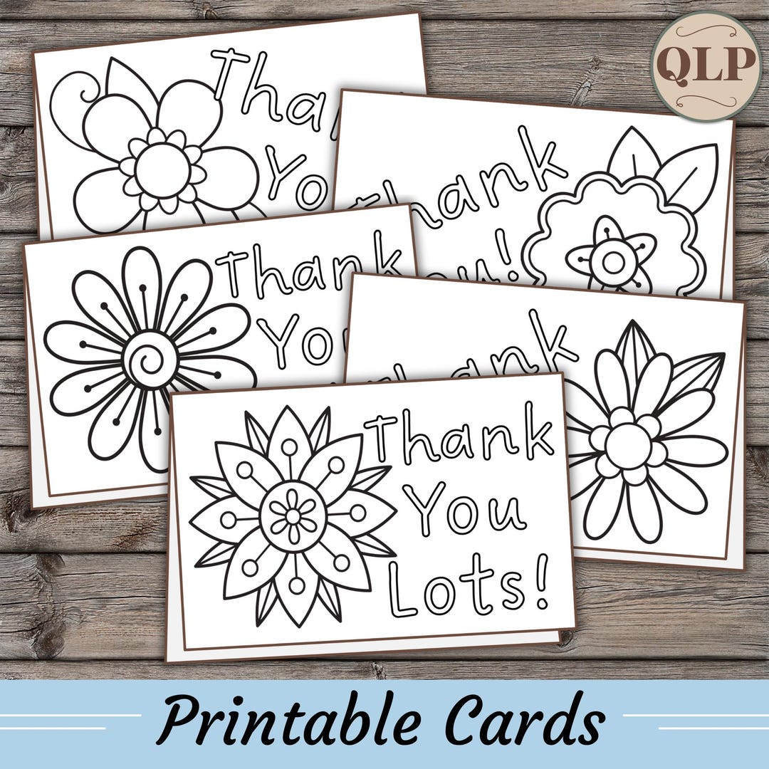 Printable Flower Outline Thank You 5 Card Pack, Simple Coloring Cards ...