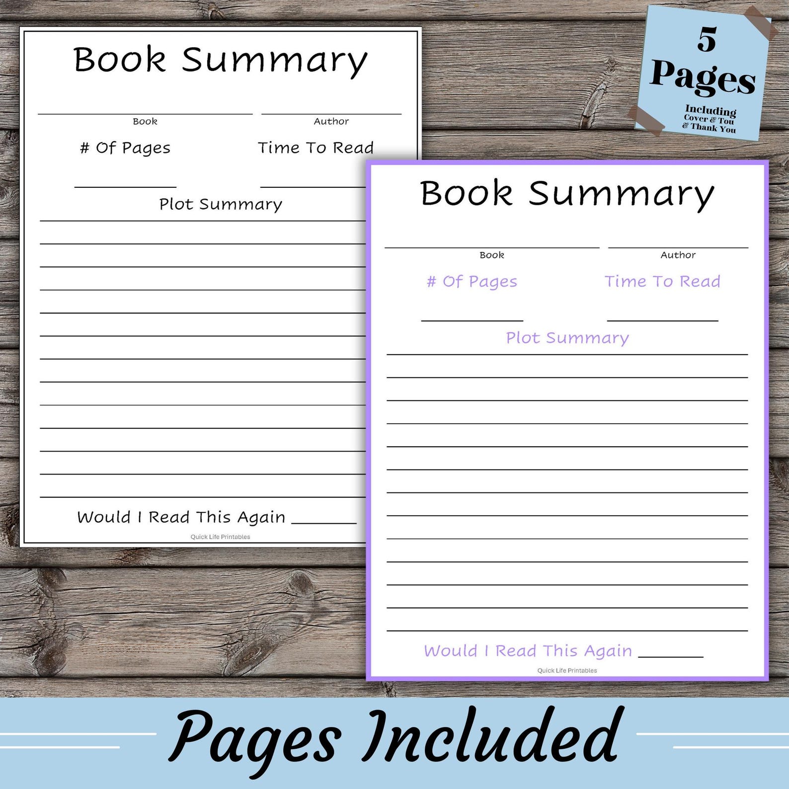Book Summary Printable: Reading Journal Pages (PDF) - Etsy