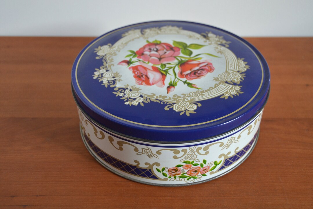 Tin Can Round Blue Roses Rose Pattern Vintage Pink Dark Blue Cookie Tin ...
