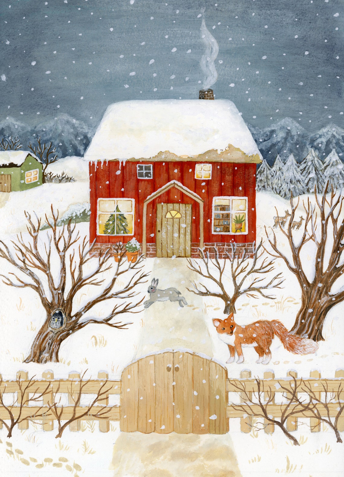 Winter Cottage Illustration, Cozy Winter Scene, Woodland Animals ...