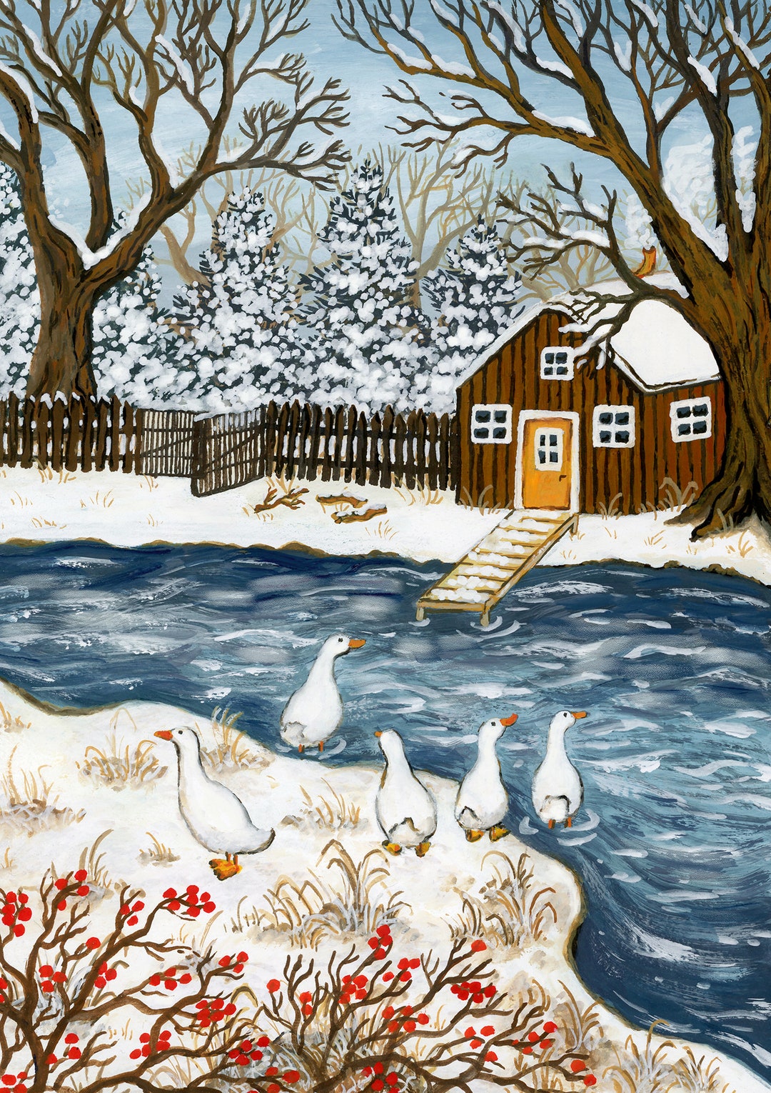 Winter Geese Illustration, Snowy Landscape, Cozy Winter Morning - Etsy