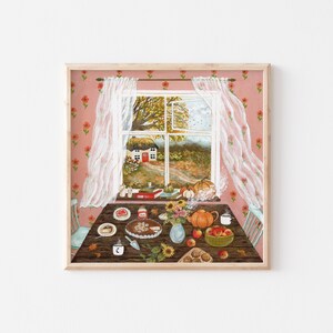 Autumn Window View Illustration, Tiny Cottage Art, Tea Time Drawing - Etsy