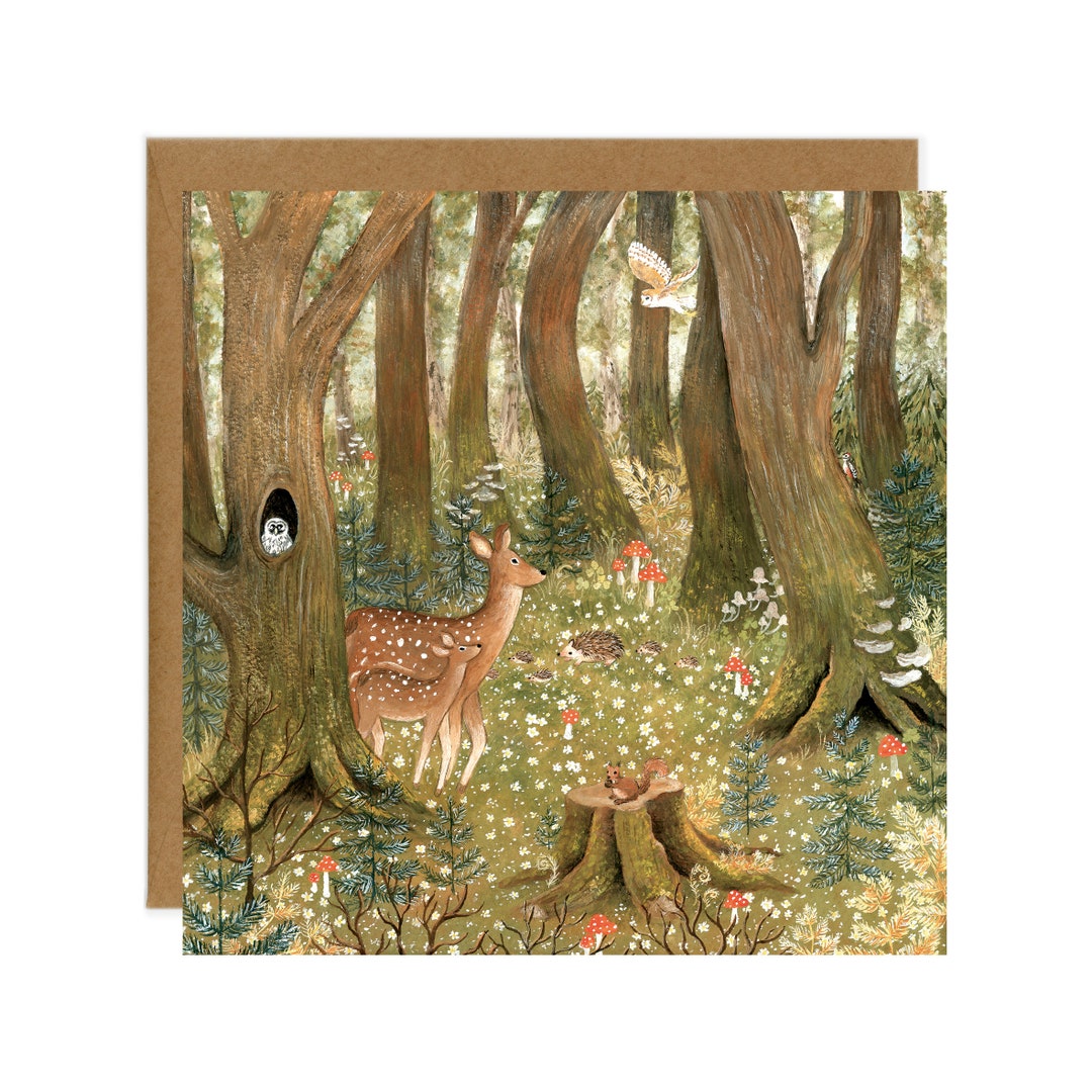 Spring Forest Postcard, Woodland Animals Card, Foraging Art - Etsy