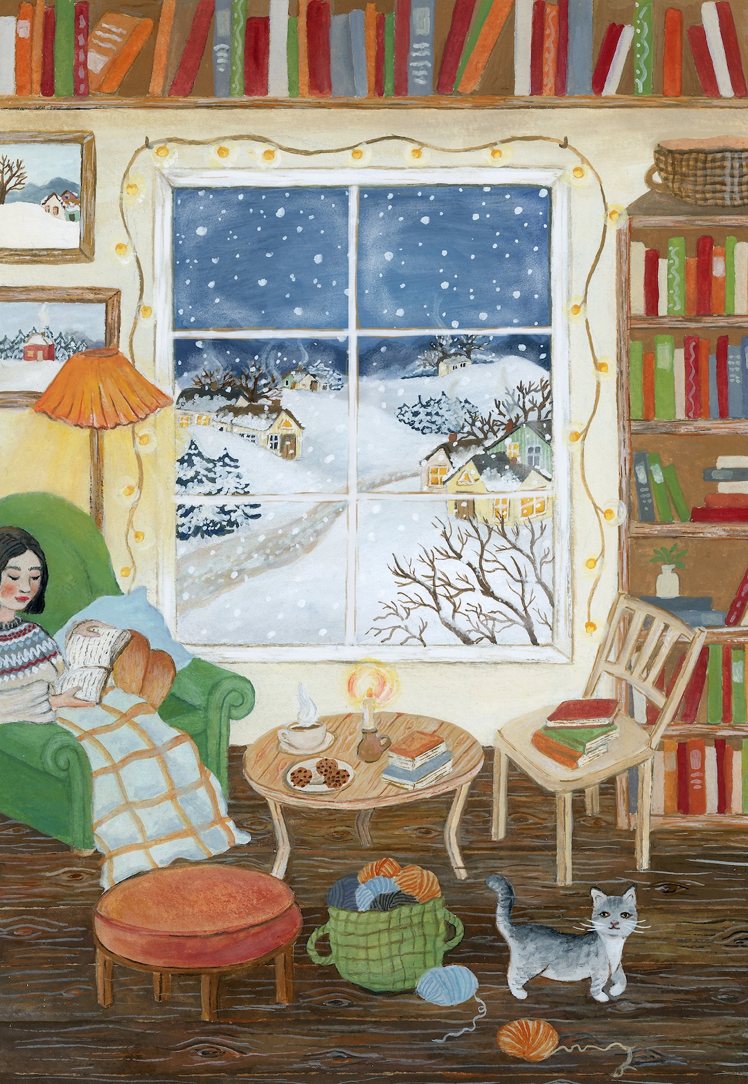 Winter Evenings Illustration, Snowy Night Print, Cozy Book Corner Art ...