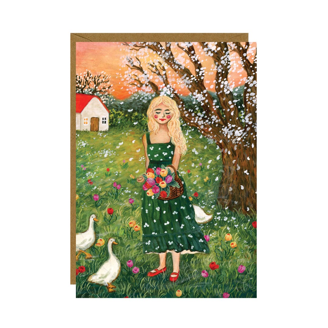 Tulip Meadow Postcard, Cottagecore Card, Blooming Orchard Art - Etsy