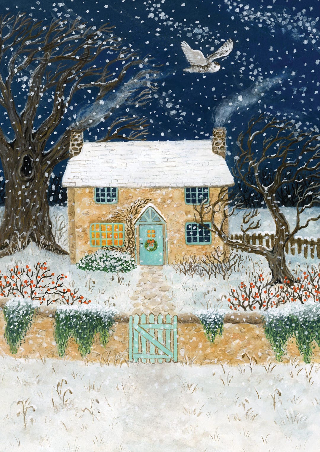 Rosehill Cottage Illustration, Falling Snow Art, Cozy Winter Time - Etsy