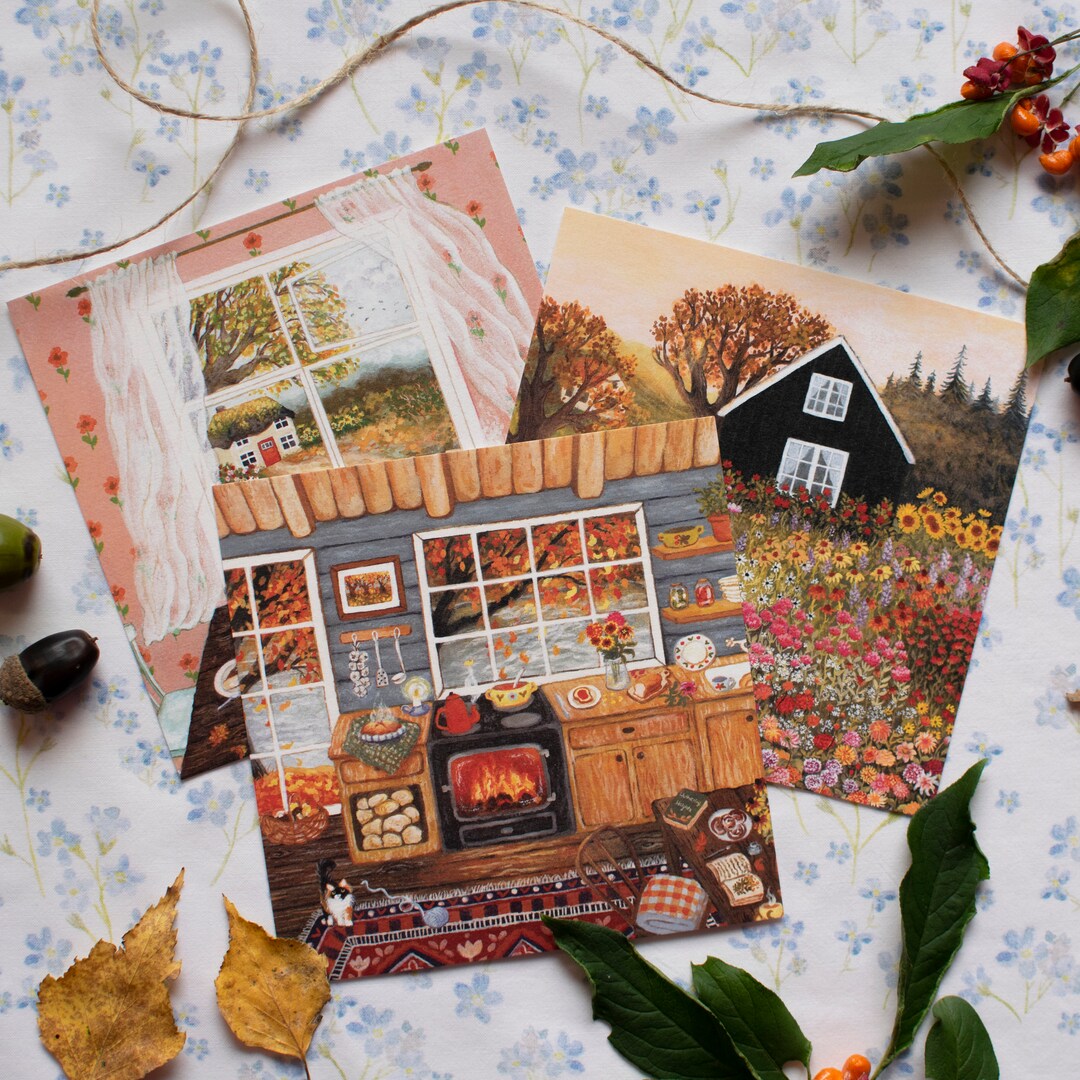 Seasonal Postcard Set, Cozy Mini Prints, Illustrated A6 and Square ...